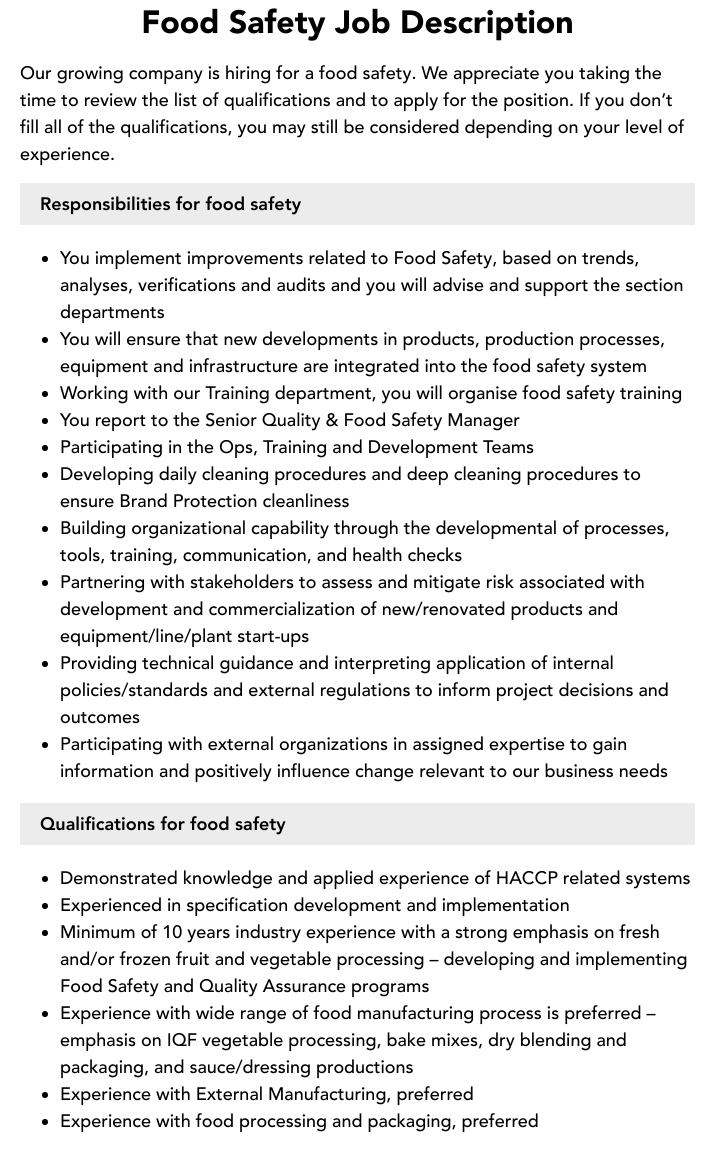 Food Safety Job Description Velvet Jobs Food Safety Job Description Velvet Jobs