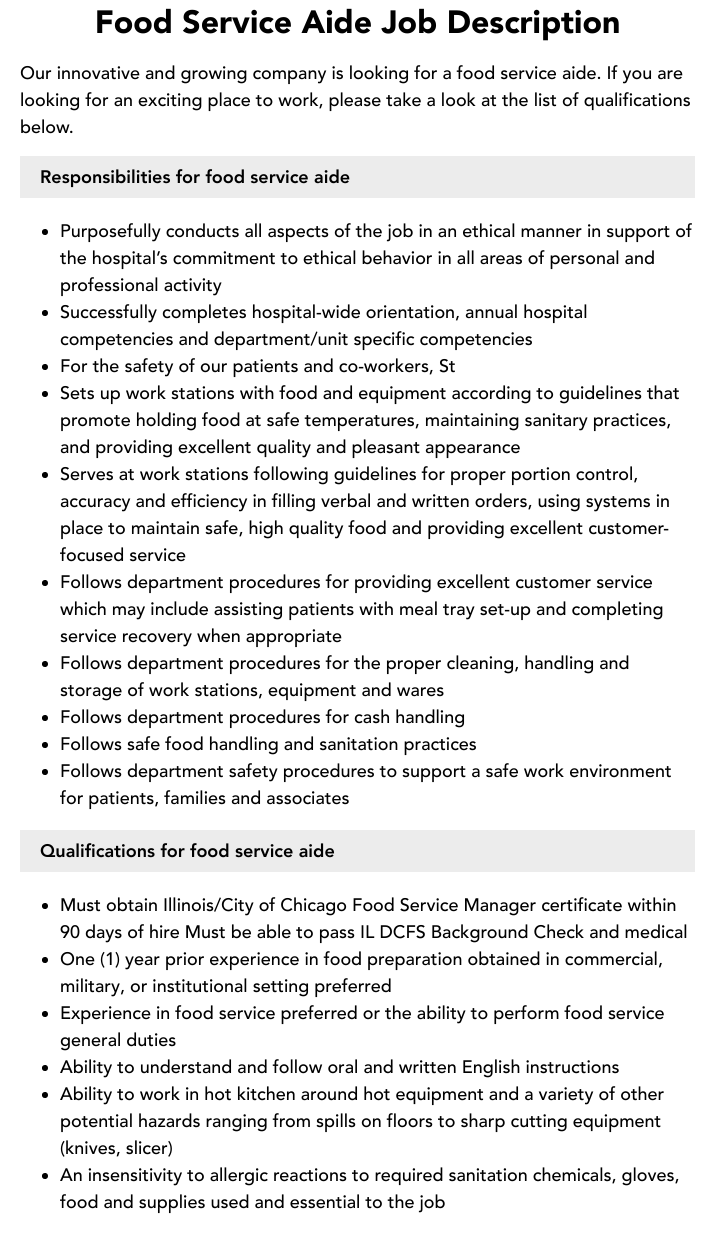 Food Service Aide Job Description Velvet Jobs Food Service Aide Job Description Velvet Jobs