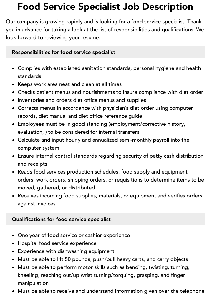 Food Service Specialist Job Description Velvet Jobs
