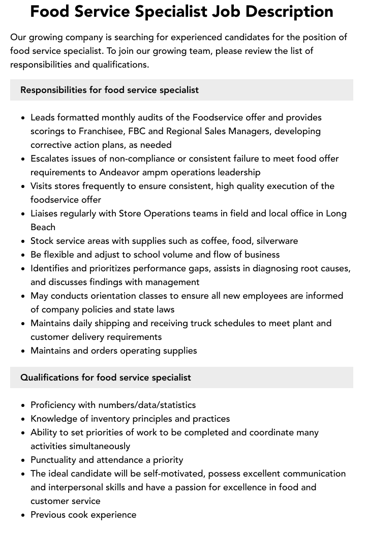 Food Service Specialist Job Description Velvet Jobs Food Service Specialist Job Description Velvet Jobs