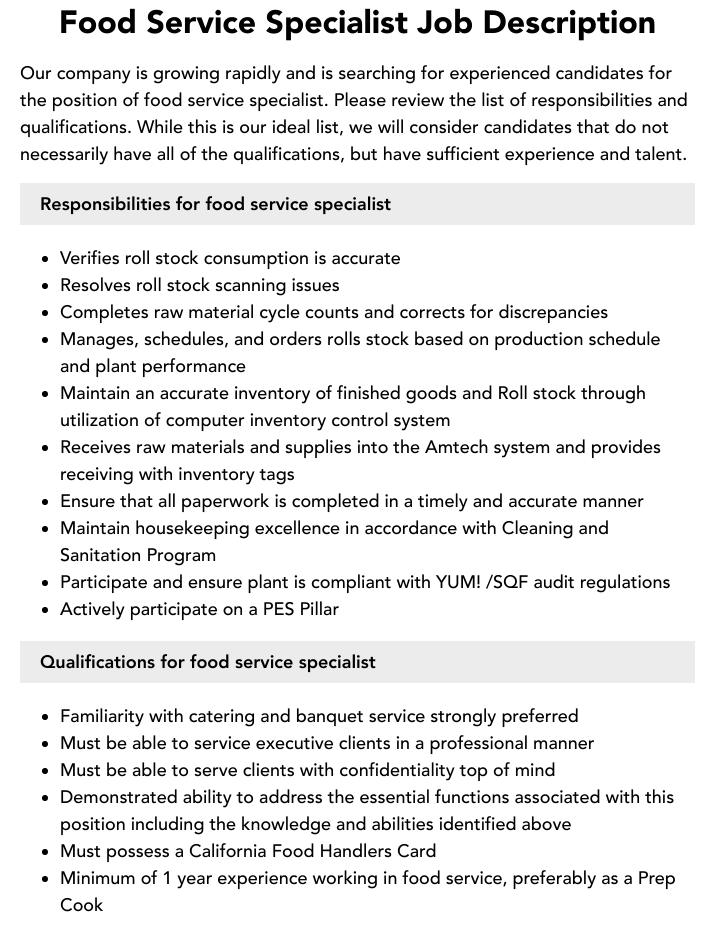 Food Service Specialist Job Description Velvet Jobs