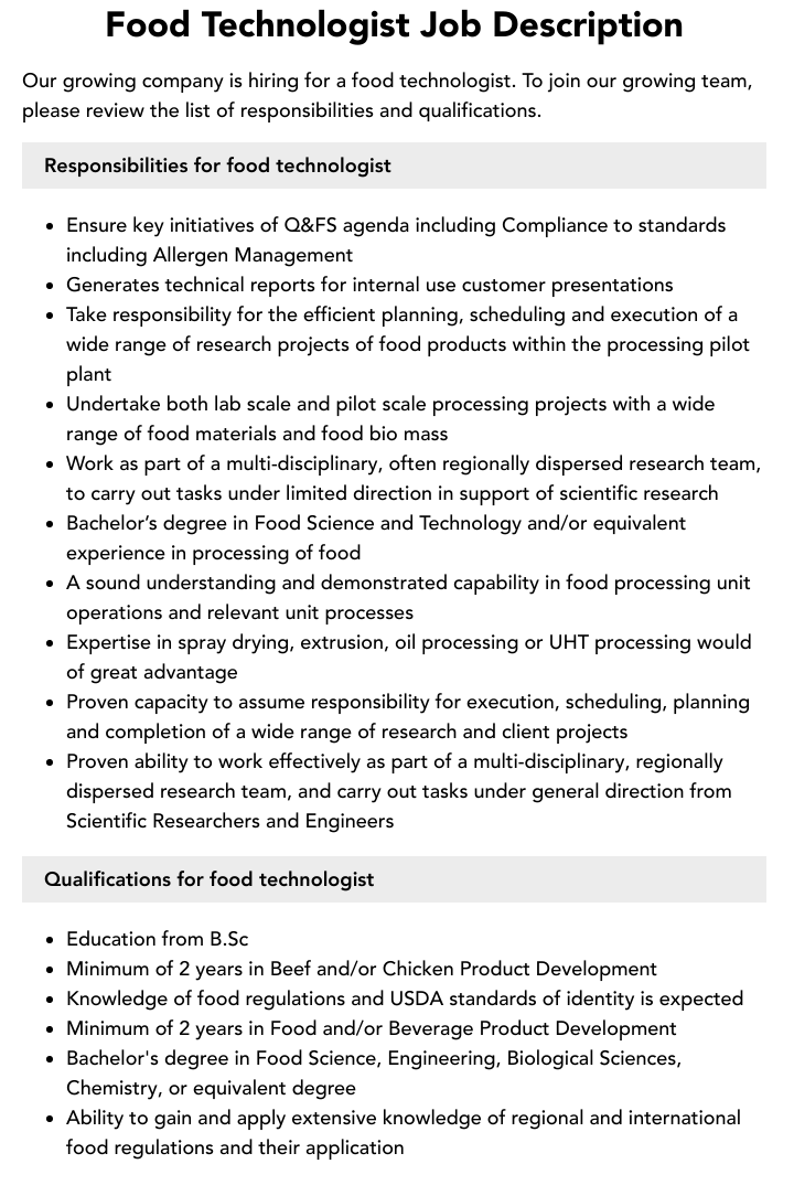Food Technologist Job Description Velvet Jobs
