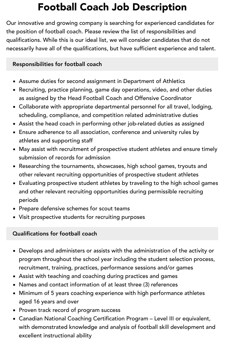 Football Coach Job Description Velvet Jobs