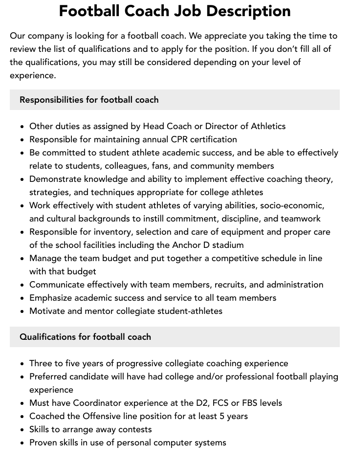 Football Coach Job Description Velvet Jobs