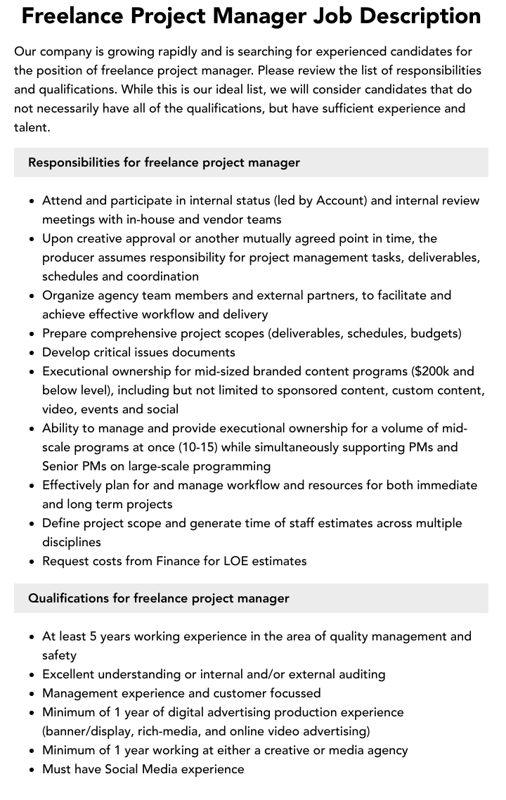 Freelance Project Manager Job Description Velvet Jobs