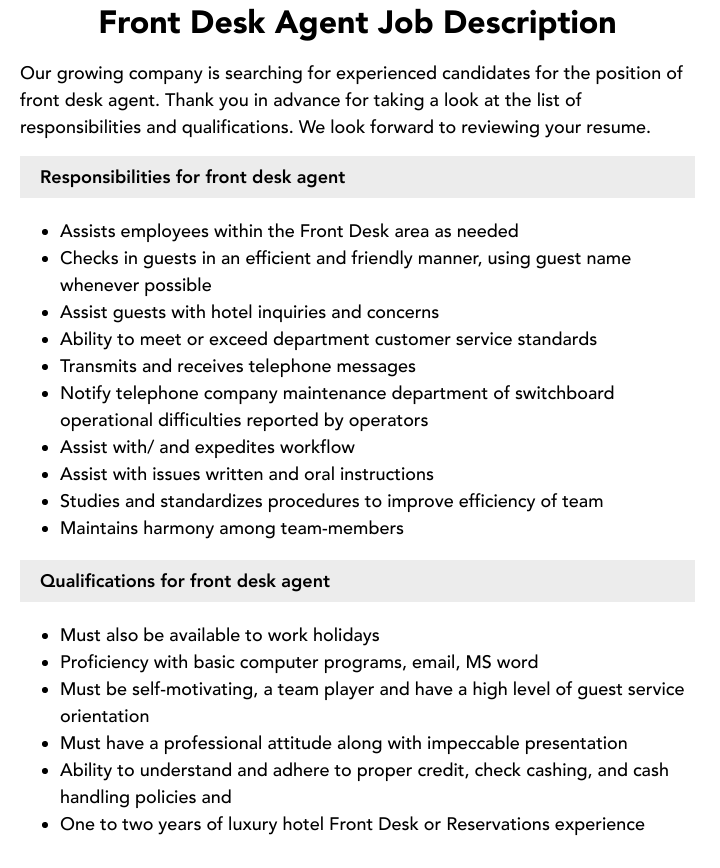 Front Desk Agent Job Description Velvet Jobs