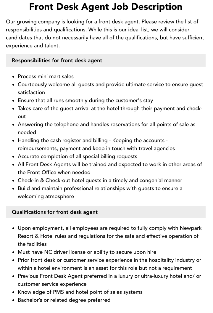 Front Desk Agent Job Description Velvet Jobs