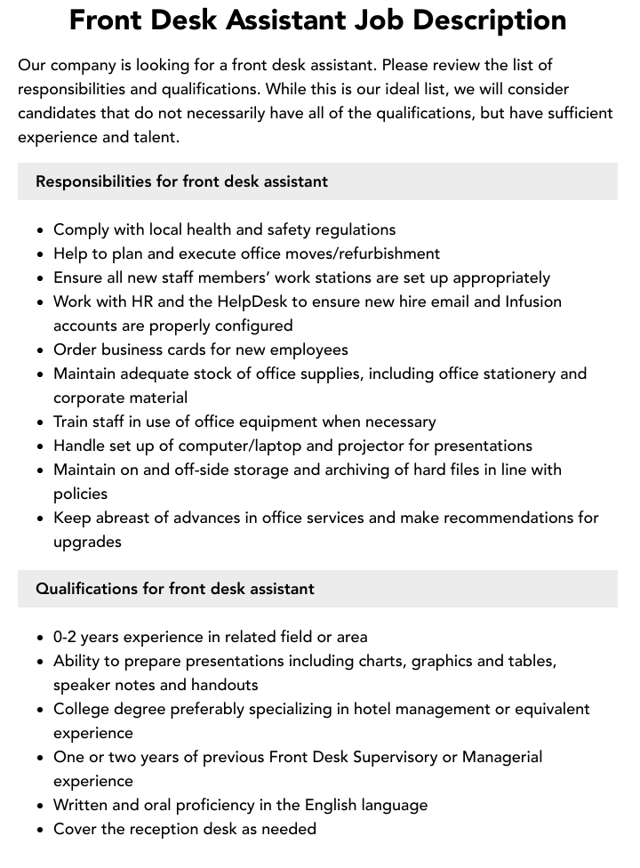  Front Desk Assistant Job Description Velvet Jobs
