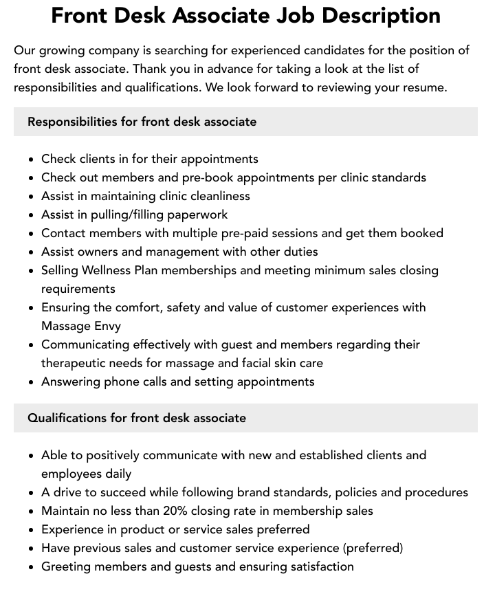 Front Desk Associate Job Description Velvet Jobs