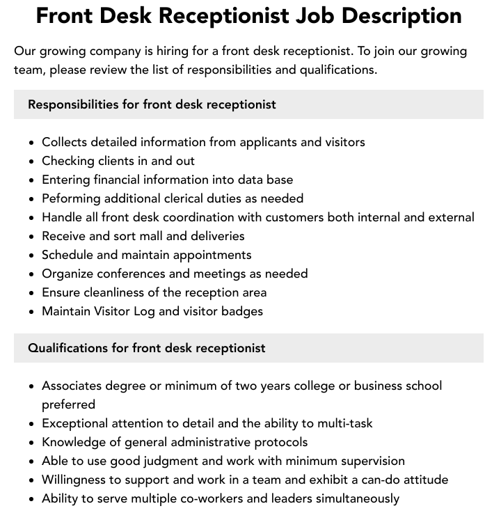 Front Desk Receptionist Job Description Velvet Jobs