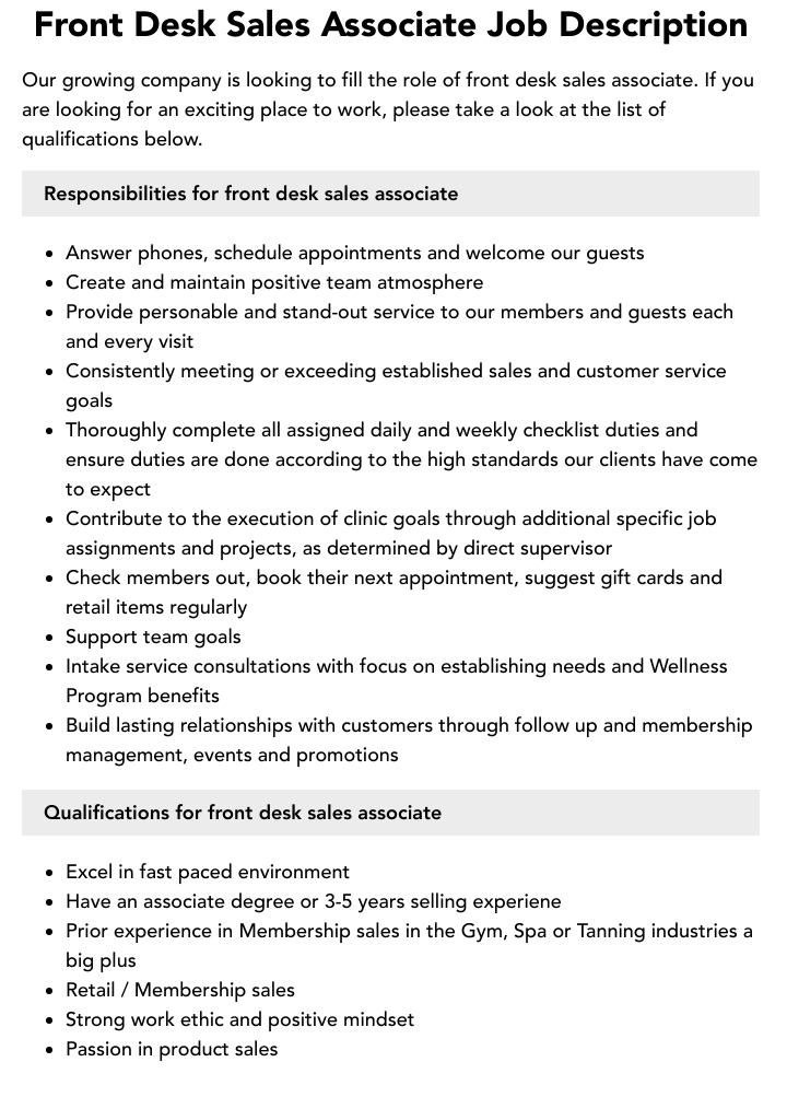 Front Desk Sales Associate Job Description Velvet Jobs