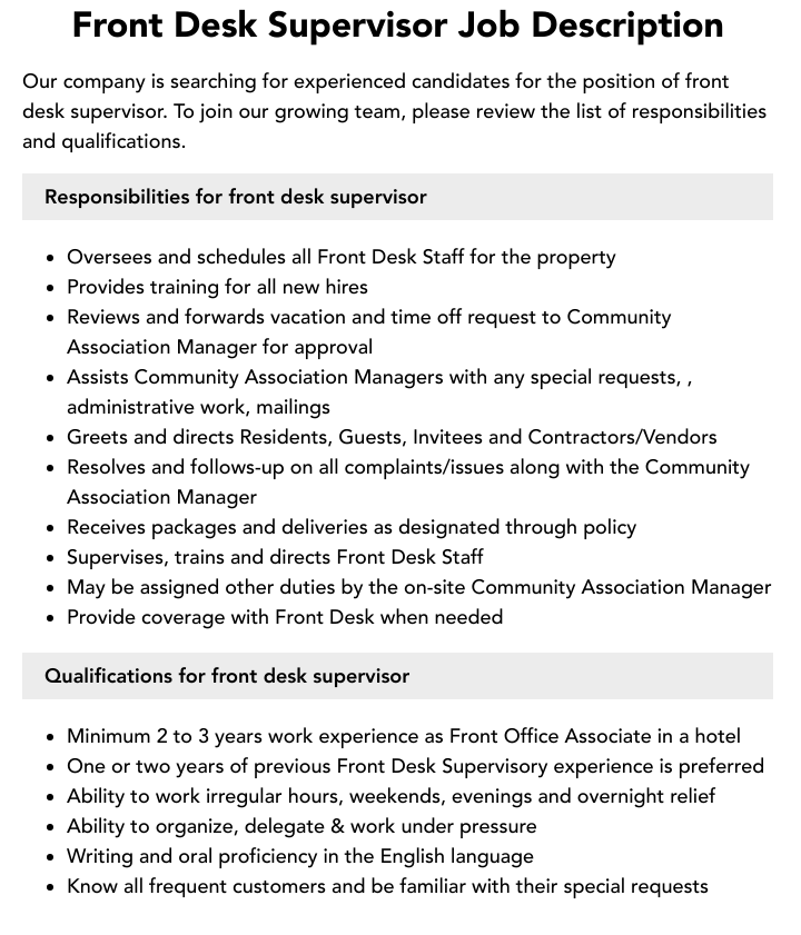 Front Desk Supervisor Job Description Velvet Jobs