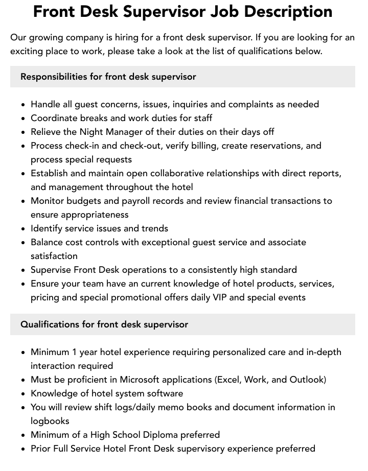 Front Desk Supervisor Job Description Velvet Jobs