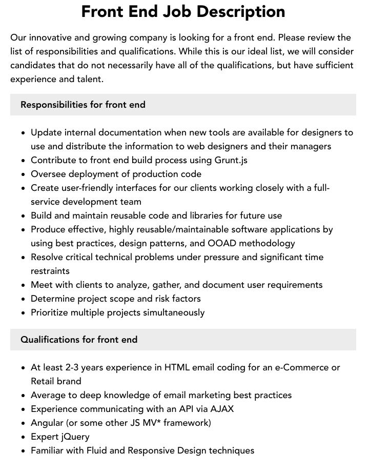 Front End Job Description Velvet Jobs Front End Job Description Velvet Jobs