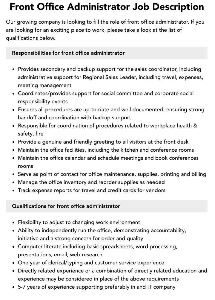 Front Office Administrator Job Description Velvet Jobs