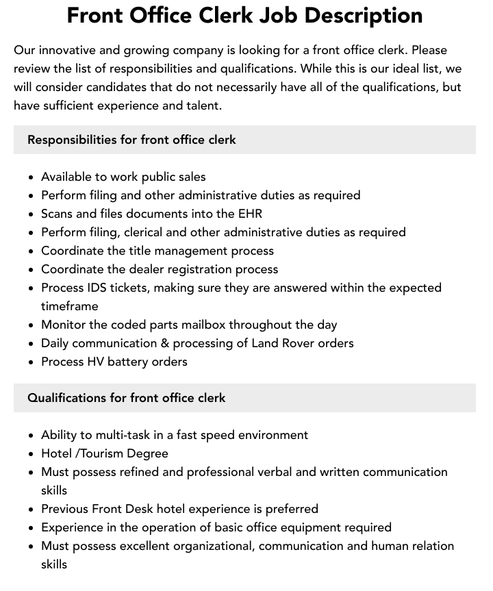 Front Office Clerk Job Description Velvet Jobs