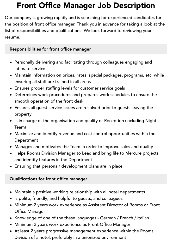  Role Of Front Office In Hotel Front Office Manager Duties And 