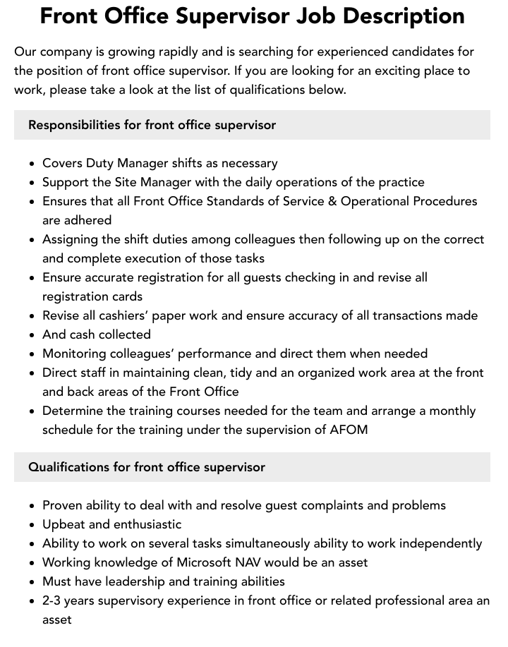 Front Office Supervisor Job Description Velvet Jobs