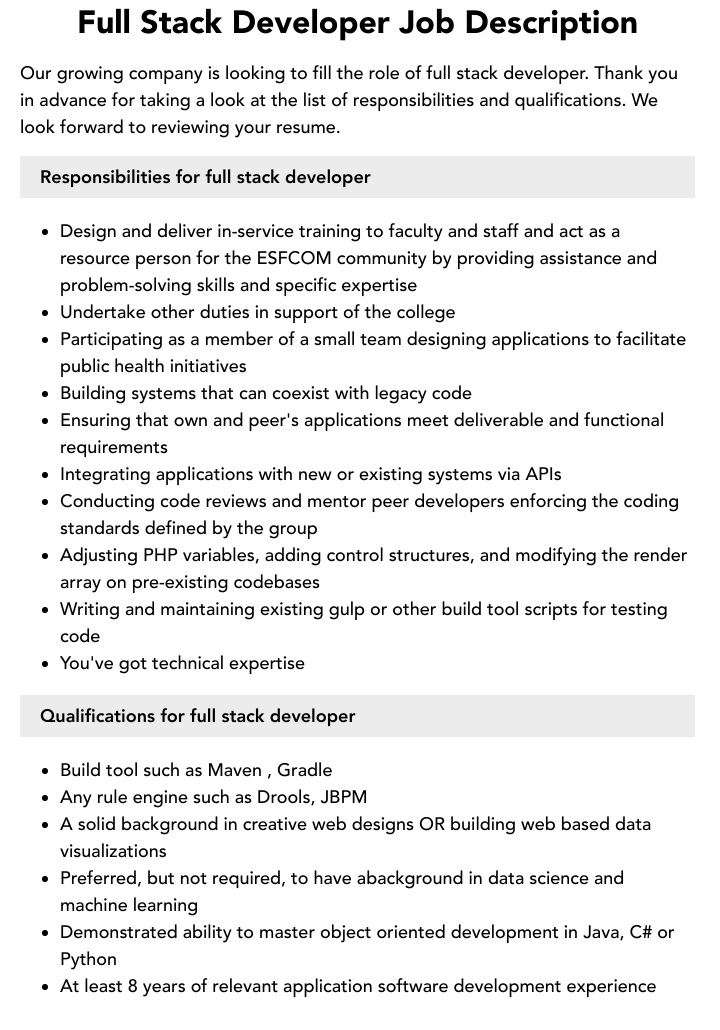 Full Stack Developer Job Description Velvet Jobs