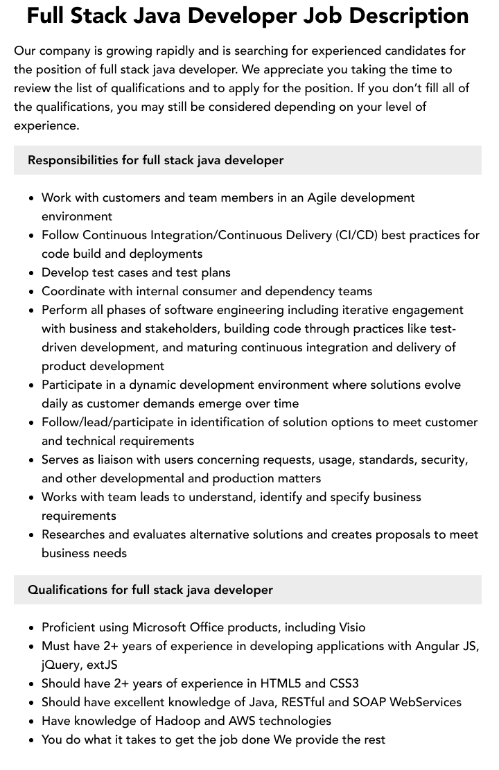 Full Stack Java Developer Job Description Velvet Jobs