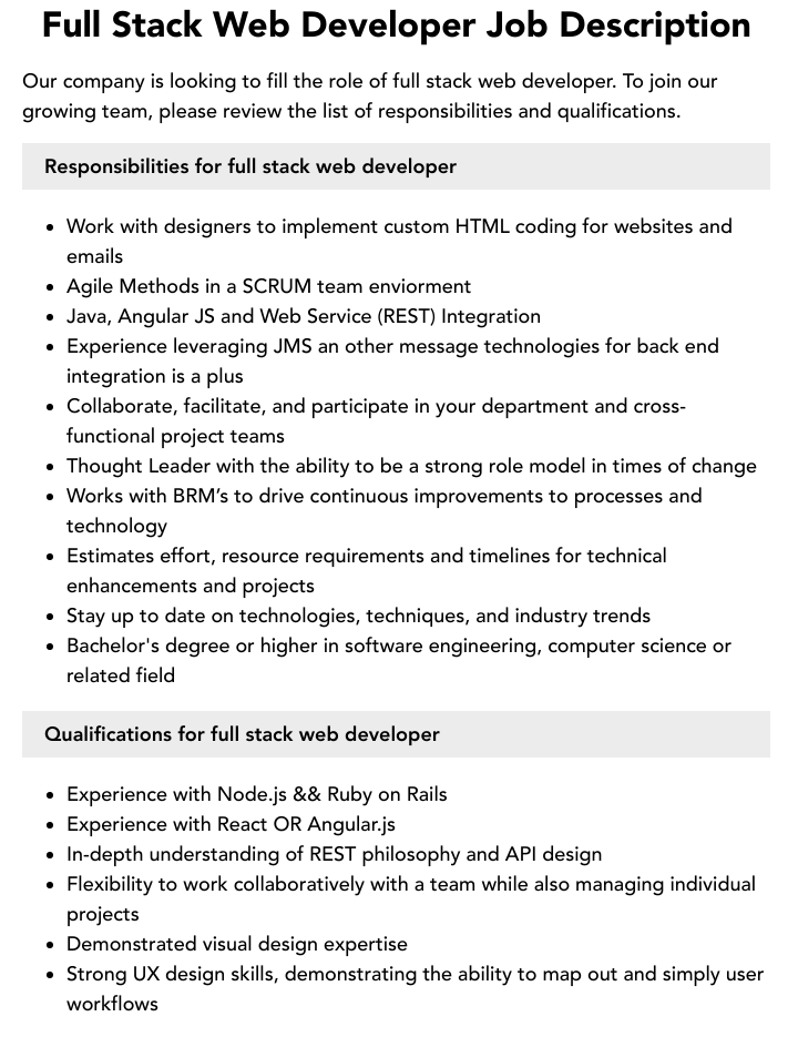 Full Stack Web Developer Job Description Velvet Jobs