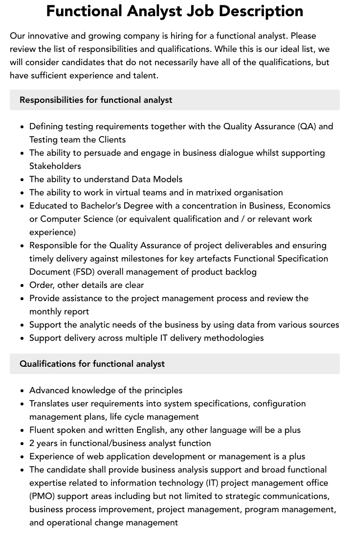 Functional Analyst Job Description Velvet Jobs