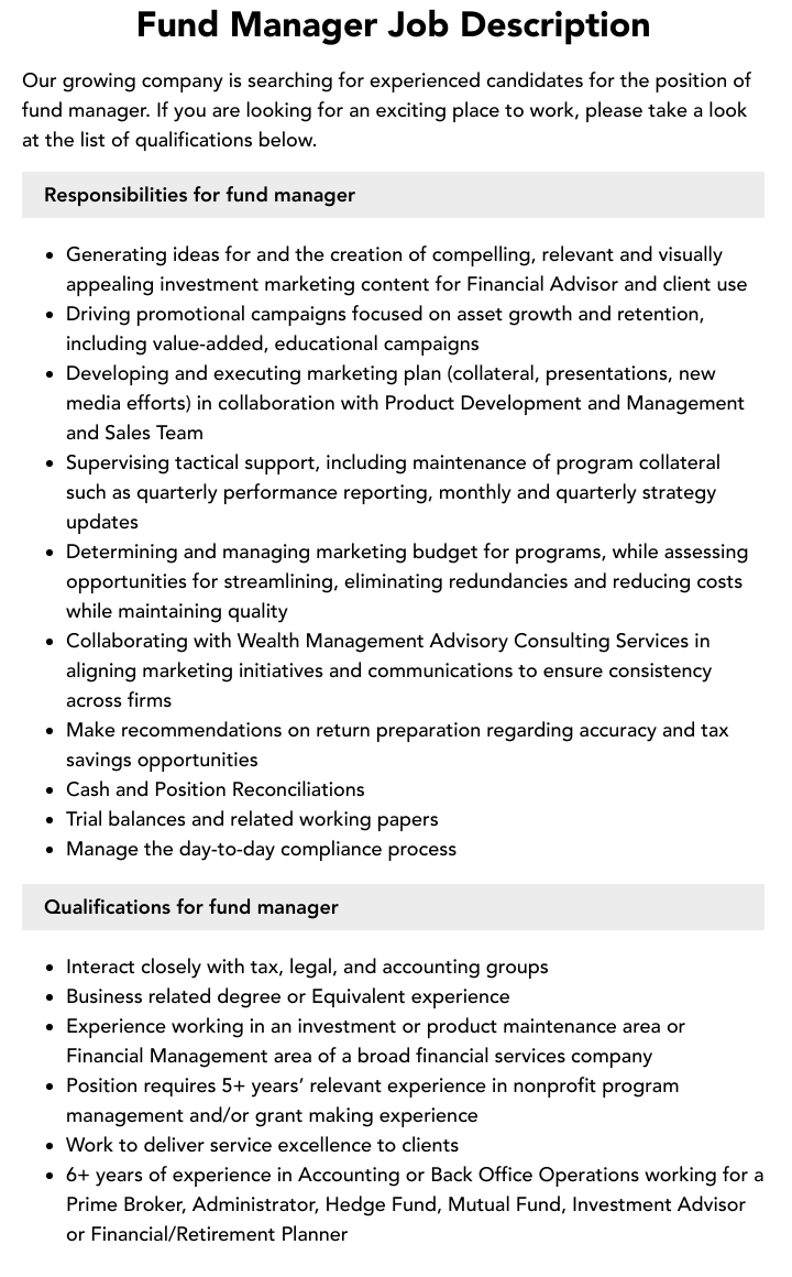Fund Manager Job Description Velvet Jobs