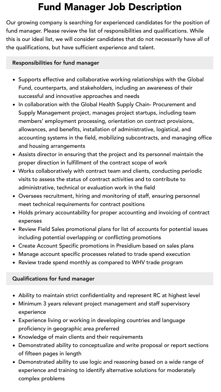 Fund Manager Job Description Velvet Jobs