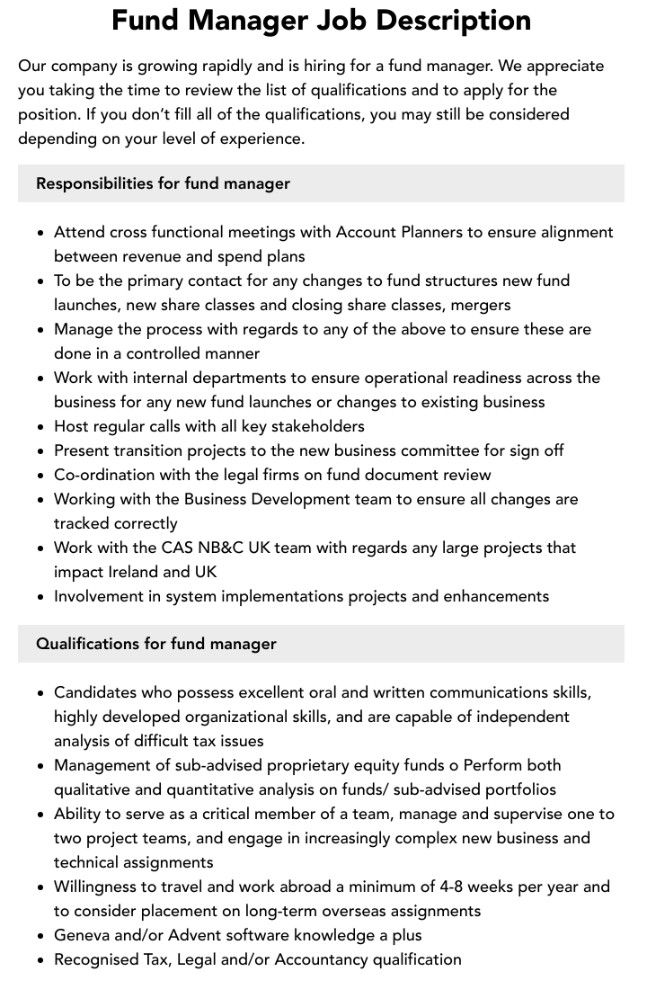 Fund Manager Job Description Velvet Jobs
