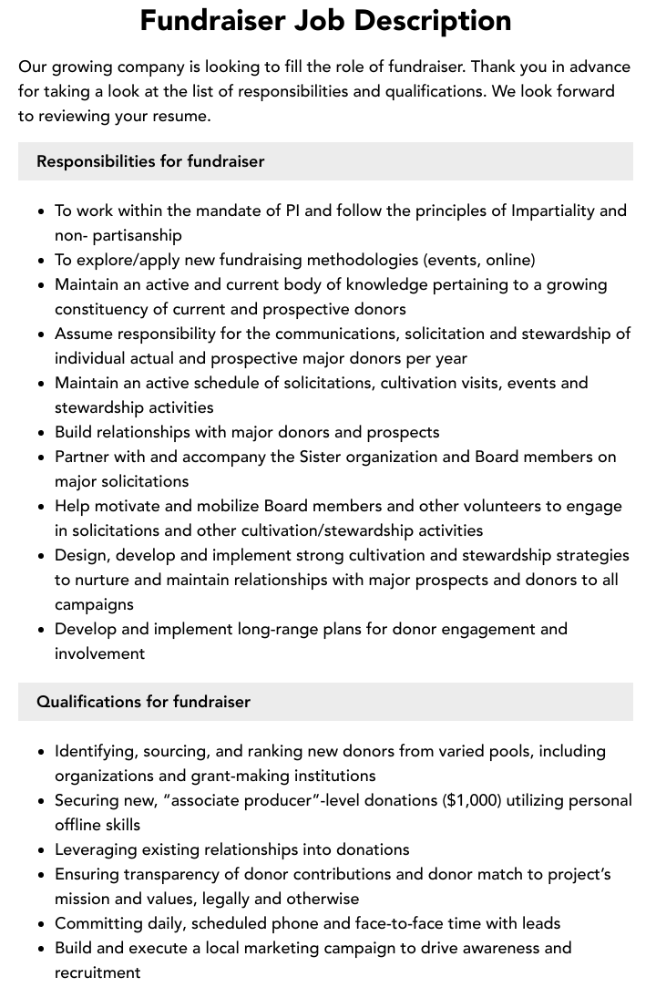 Fundraiser Job Description Velvet Jobs