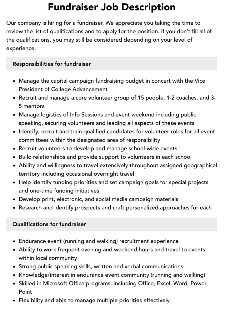 Fundraiser Job Description Velvet Jobs