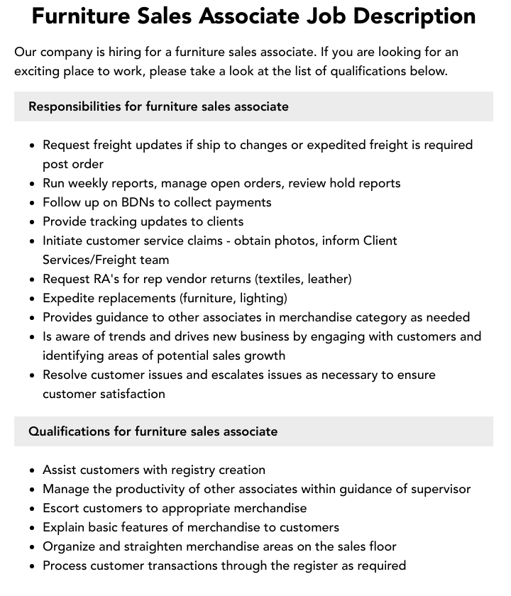 Furniture Sales Associate Job Description Velvet Jobs