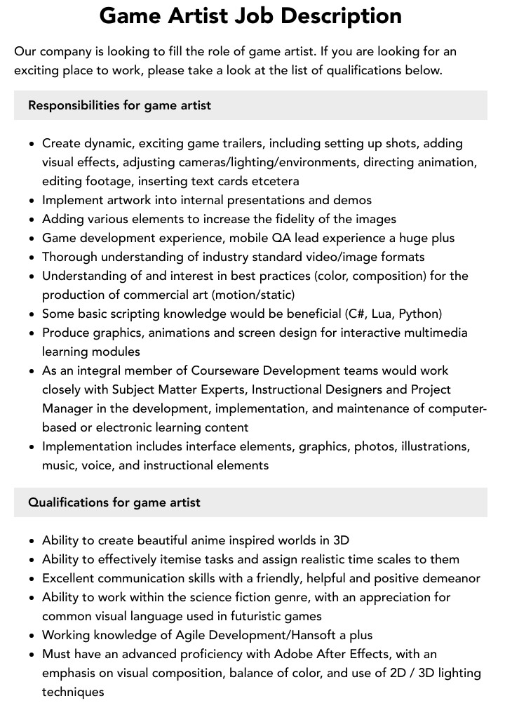 Game Artist Job Description Velvet Jobs