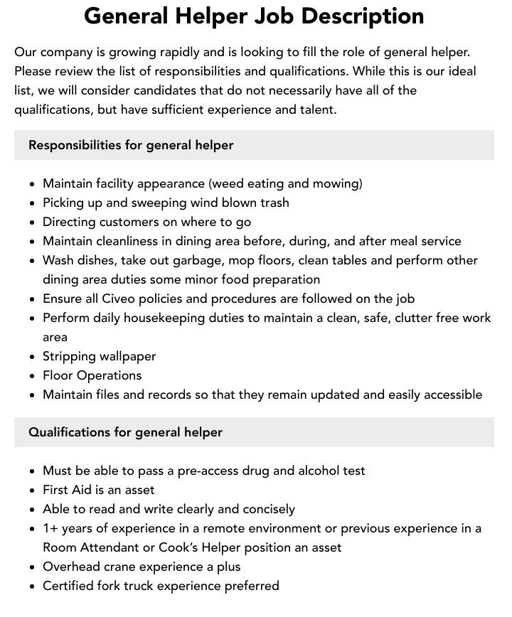 General Helper Job Description Velvet Jobs