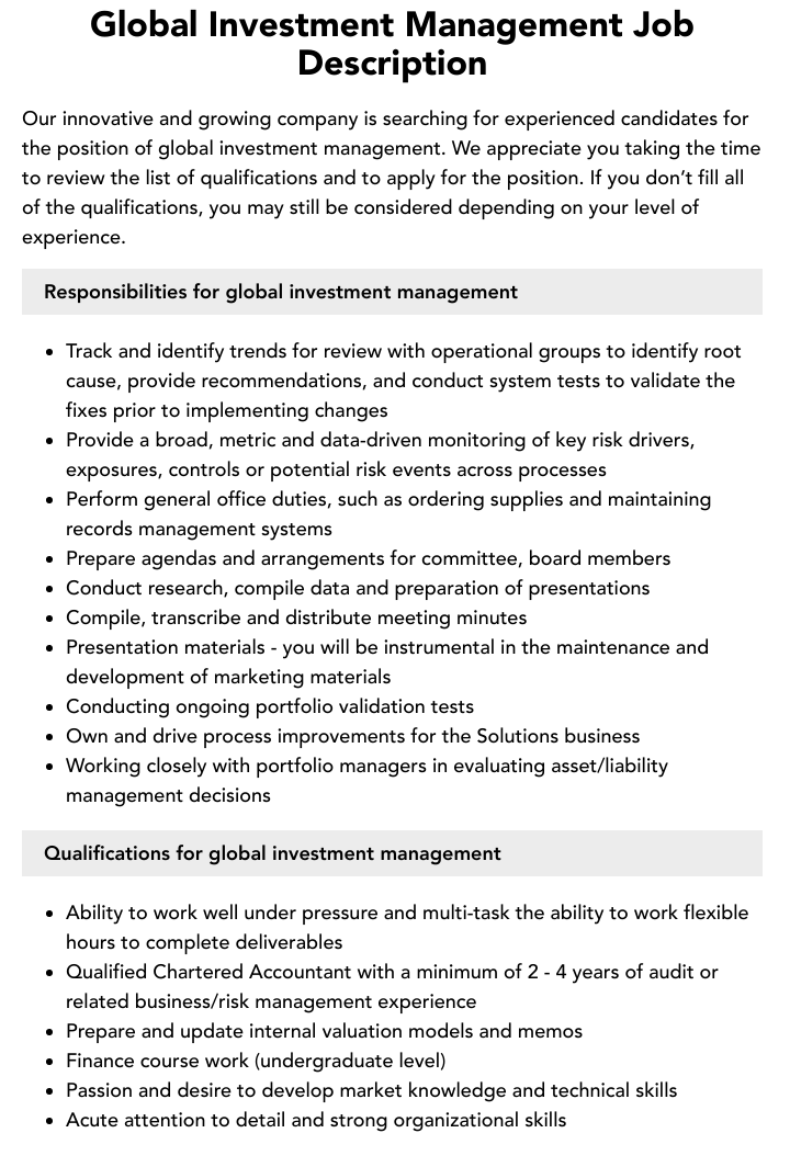 Global Investment Management Job Description Velvet Jobs
