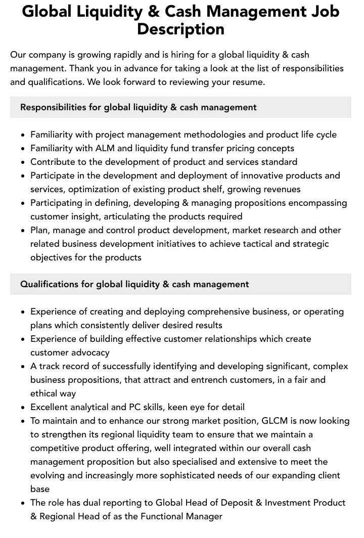 Global Liquidity Cash Management Job Description Velvet Jobs
