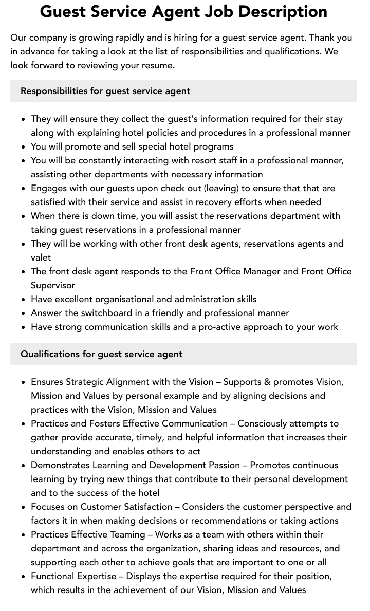Guest Service Agent Job Description Velvet Jobs