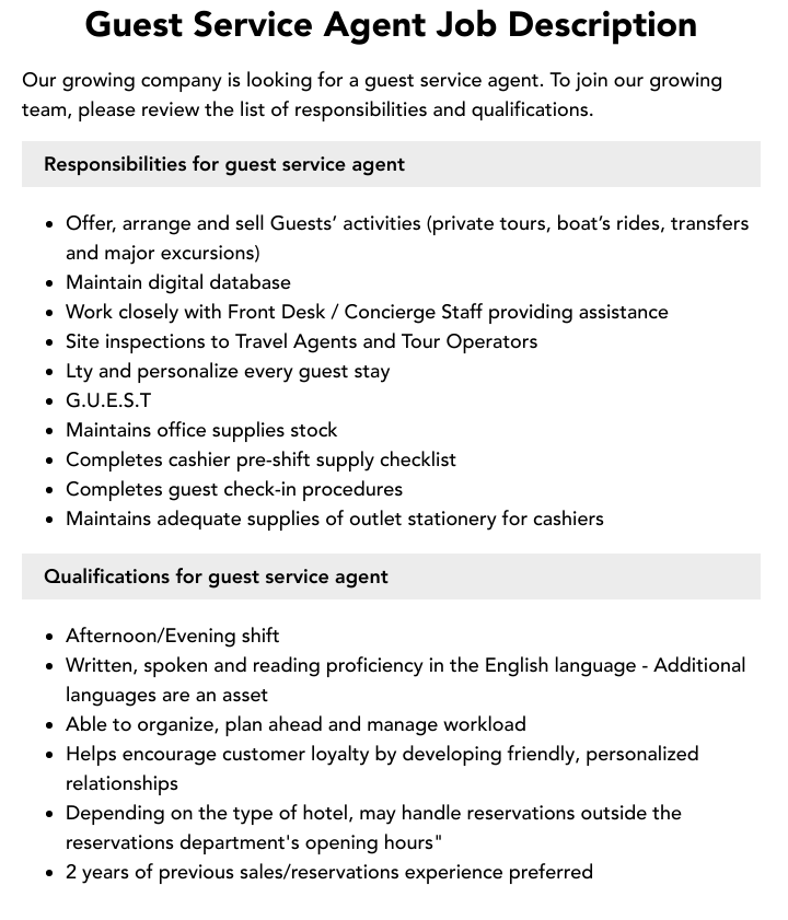Guest Service Agent Job Description Velvet Jobs