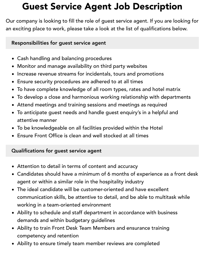 Guest Service Agent Job Description Velvet Jobs