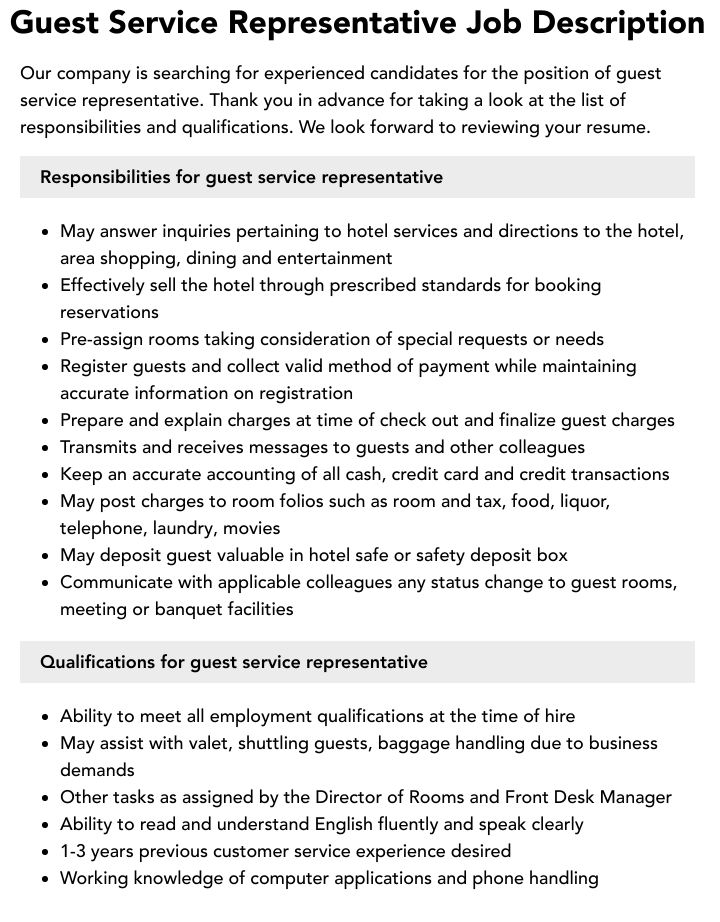 Guest Service Representative Job Description Velvet Jobs Guest Service Representative Job Description Velvet Jobs