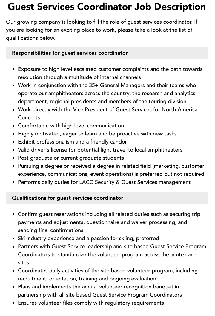 Guest Services Coordinator Job Description Velvet Jobs Guest Services Coordinator Job Description Velvet Jobs