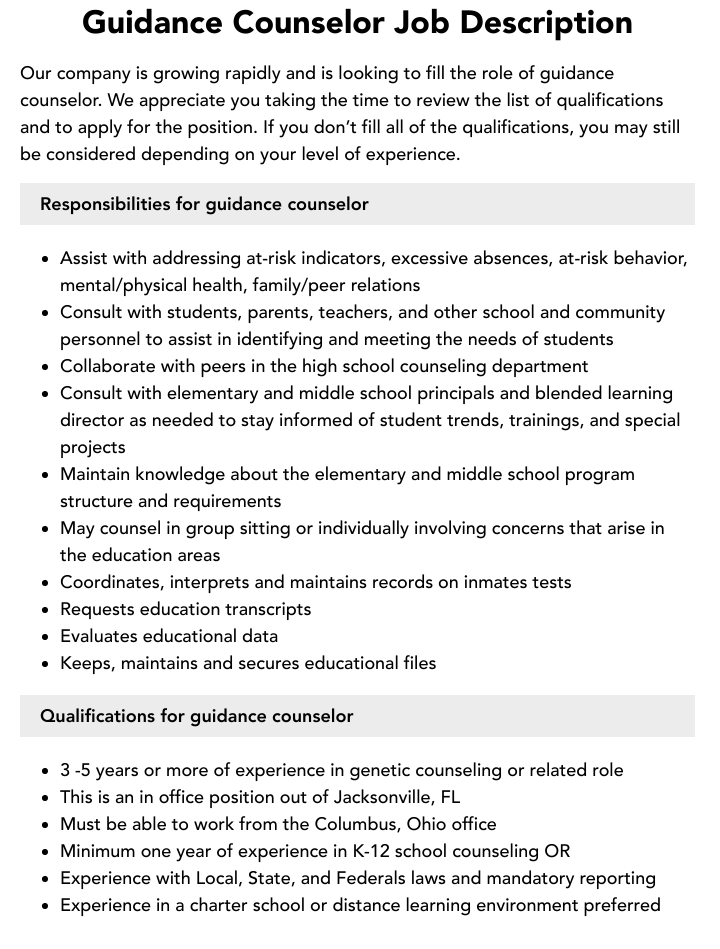 Guidance Counselor Job Description Velvet Jobs
