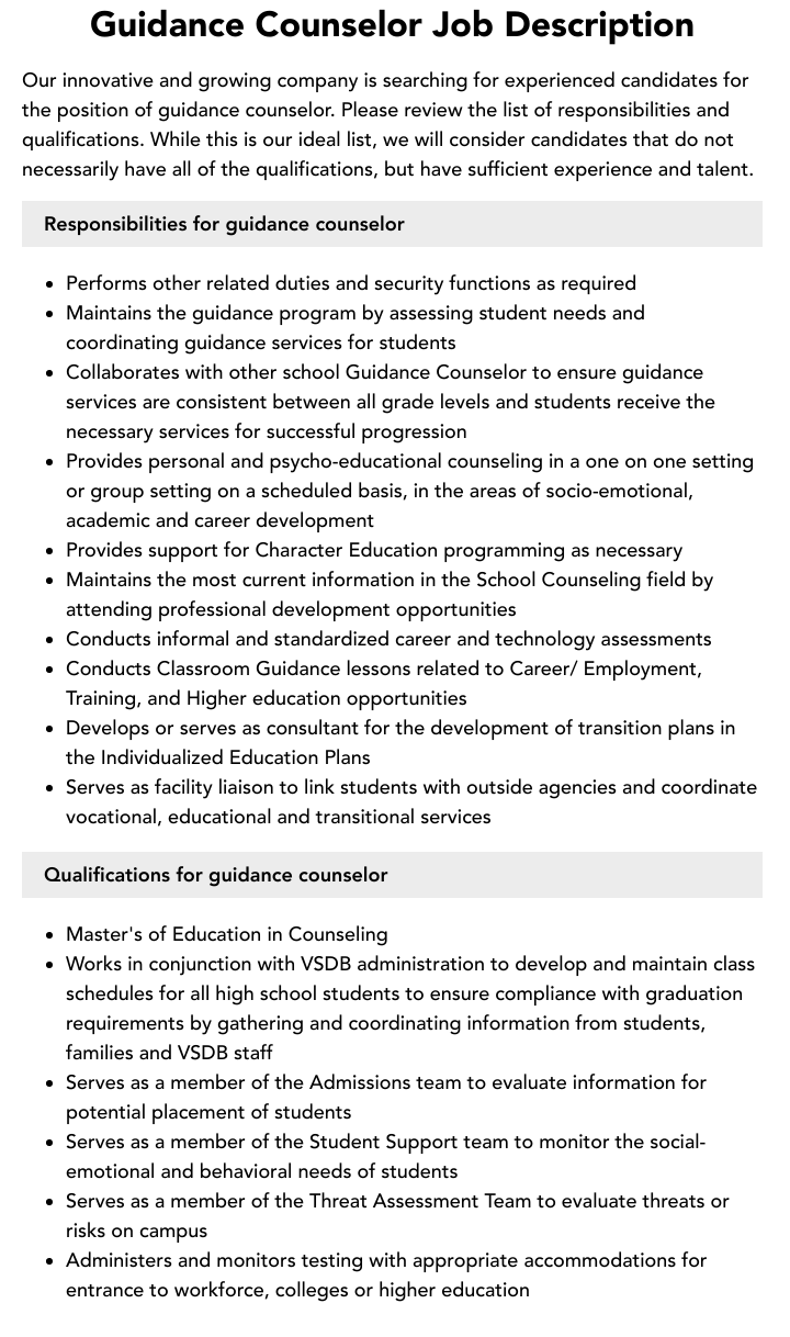Guidance Counselor Job Description Velvet Jobs