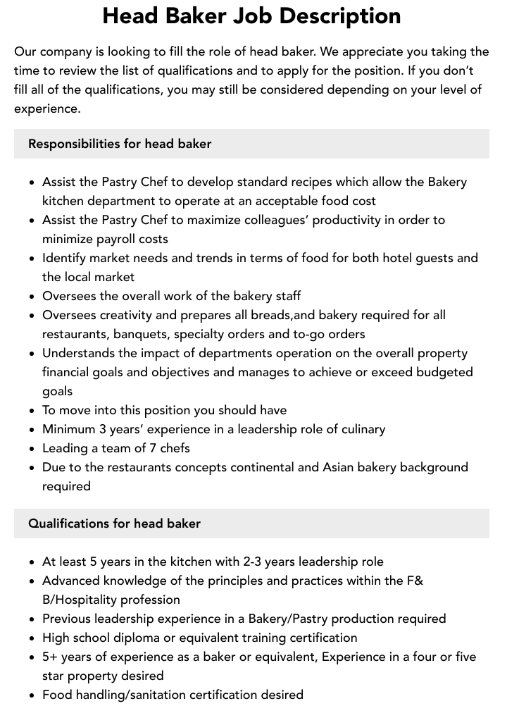 Head Baker Job Description Velvet Jobs