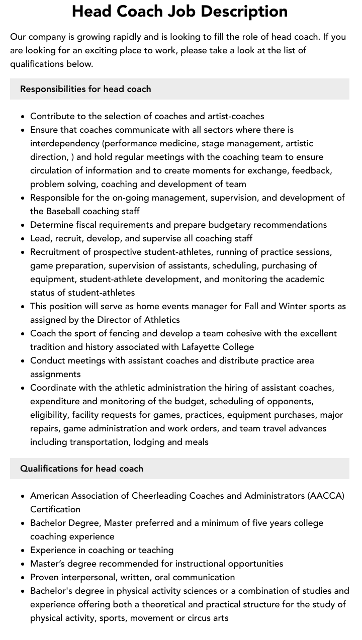 Head Coach Job Description Velvet Jobs