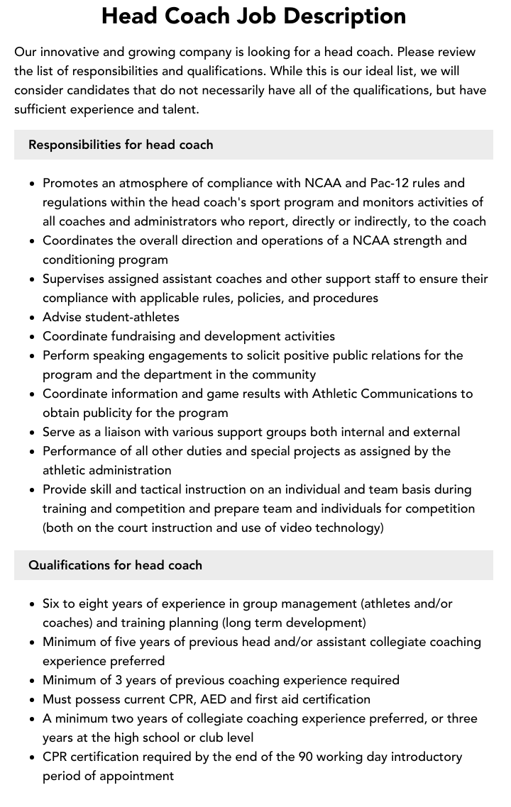 Head Coach Job Description Velvet Jobs
