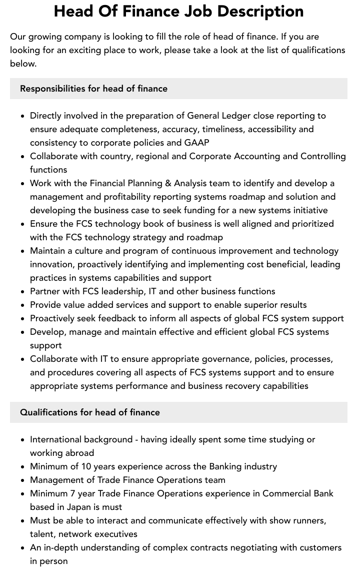 Head Of Finance Job Description Velvet Jobs Head Of Finance Job Description Velvet Jobs