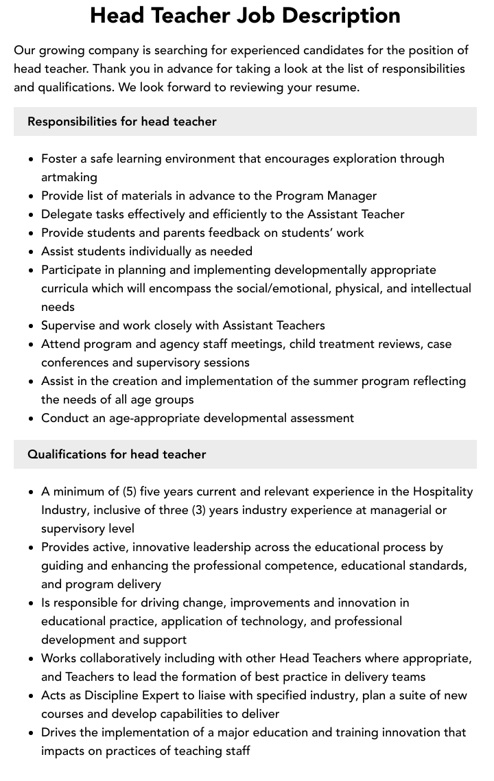 Head Teacher Job Description Velvet Jobs