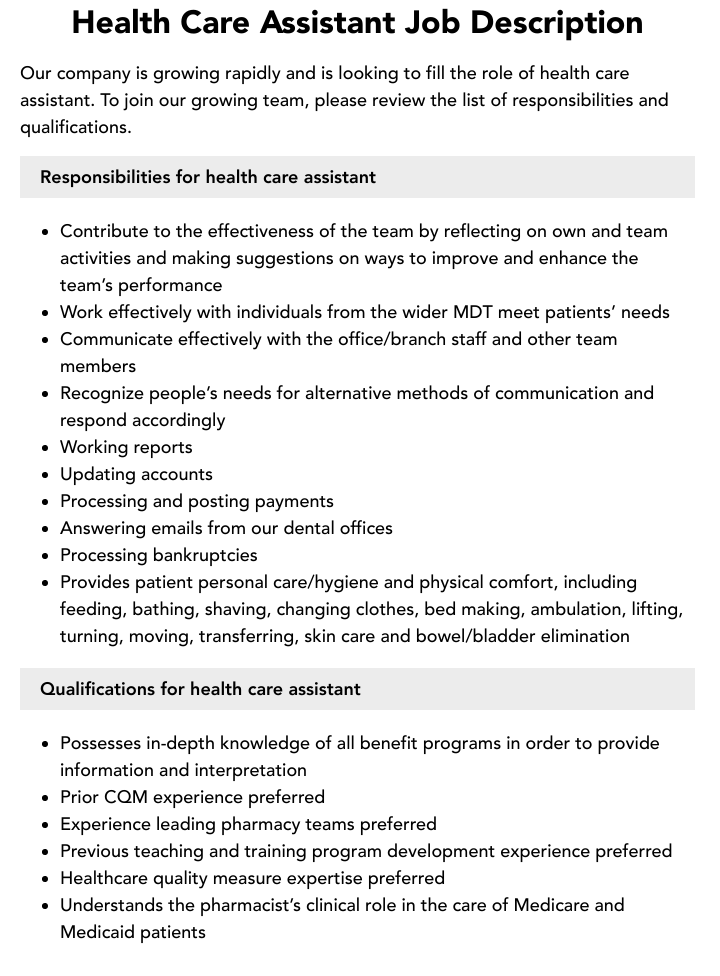 Health Care Assistant Job Description Velvet Jobs