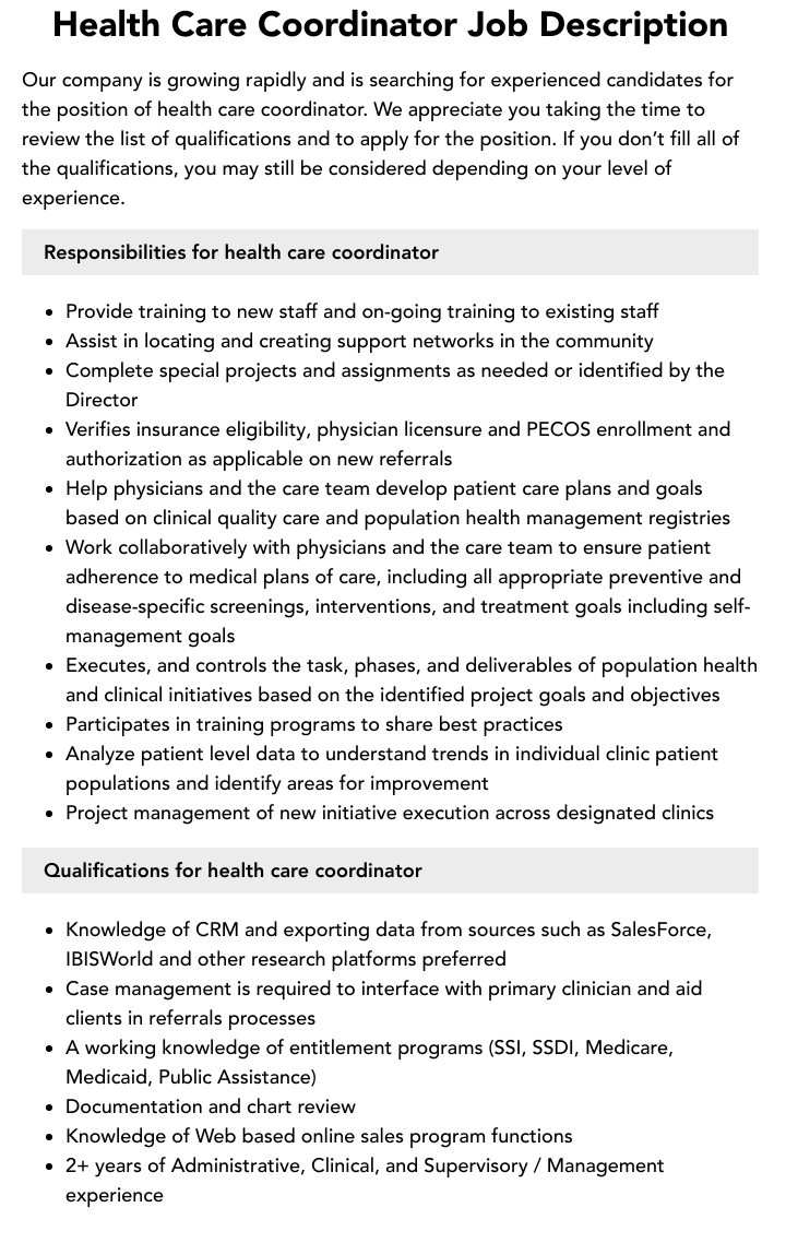Health Care Coordinator Job Description Velvet Jobs